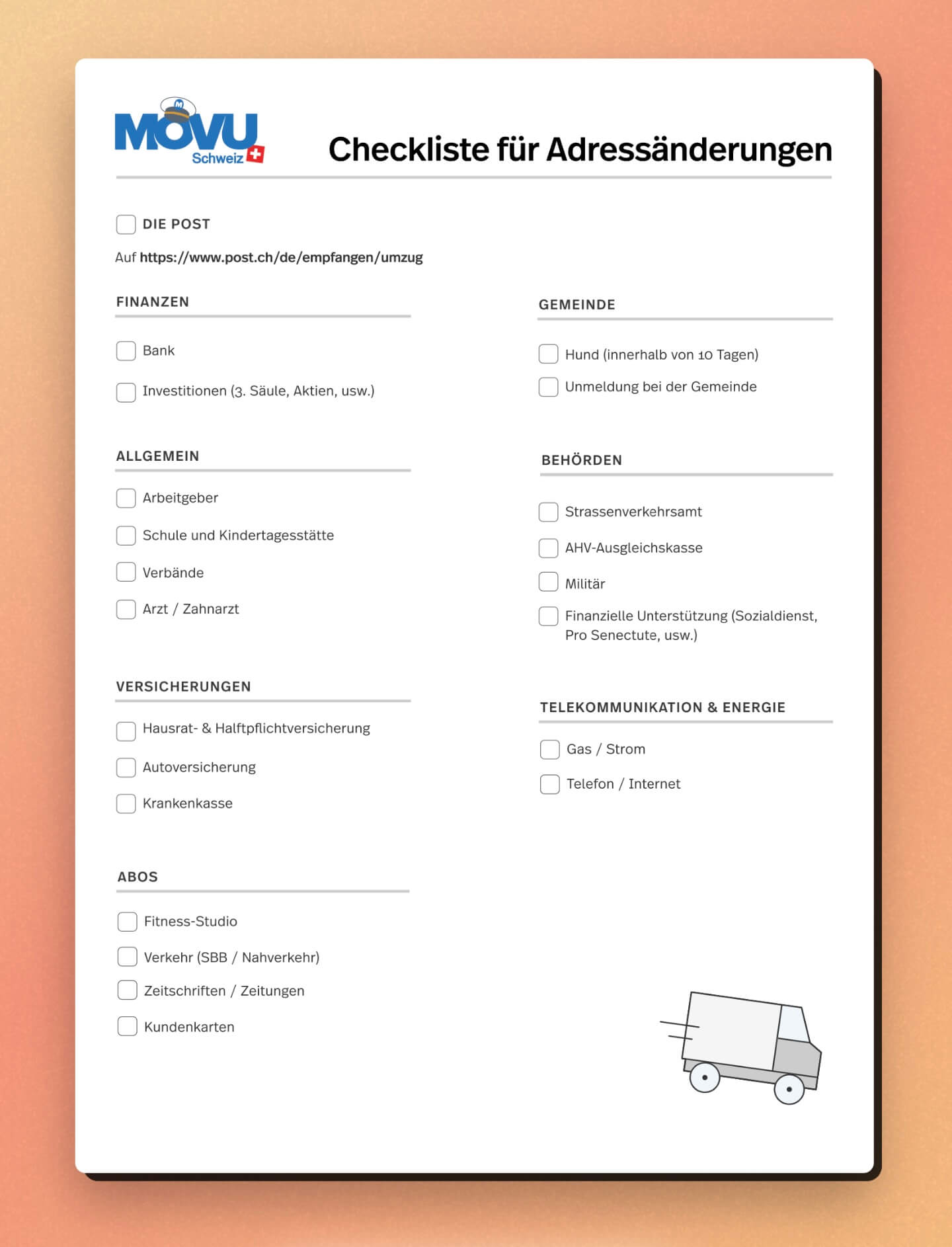 Adressänderung beim Umzug in der Schweiz – Checkliste & Tipps | MOVU